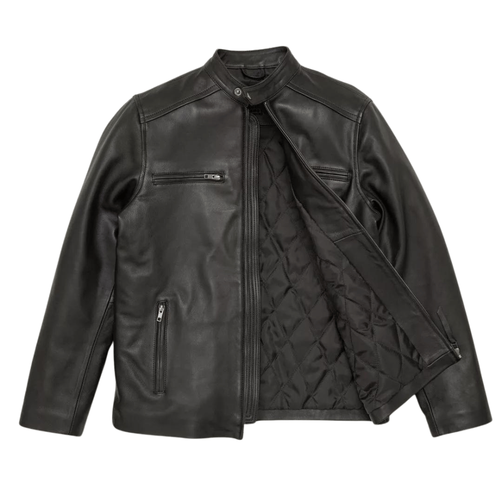 Black Leather Racer Jacket | Classic Biker Leather Jacket Black