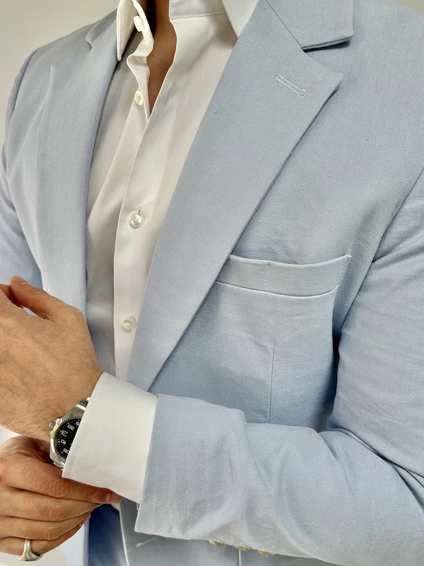 Three Piece Linen Light Blue Suit Mens | USA Leather Jackets