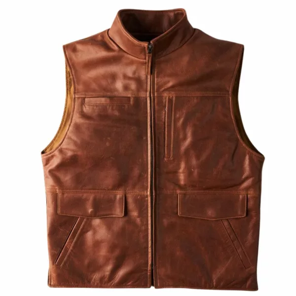 Mens Brown Leather Vest | Brown Leather Vest with Collar Mens