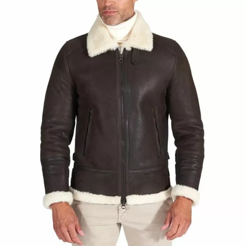 Mens Brown Aviator Jacket With Shearling Collar | Free Shipping