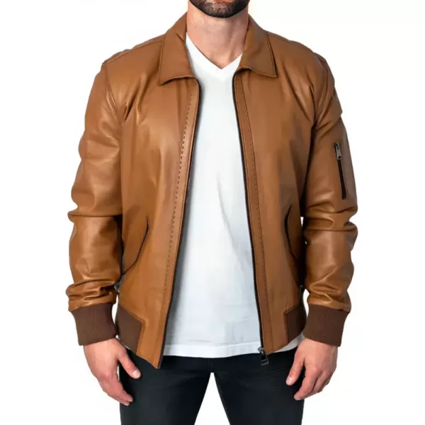 Mens Stitch Light Brown Leather Jacket | USA Leather Jackets