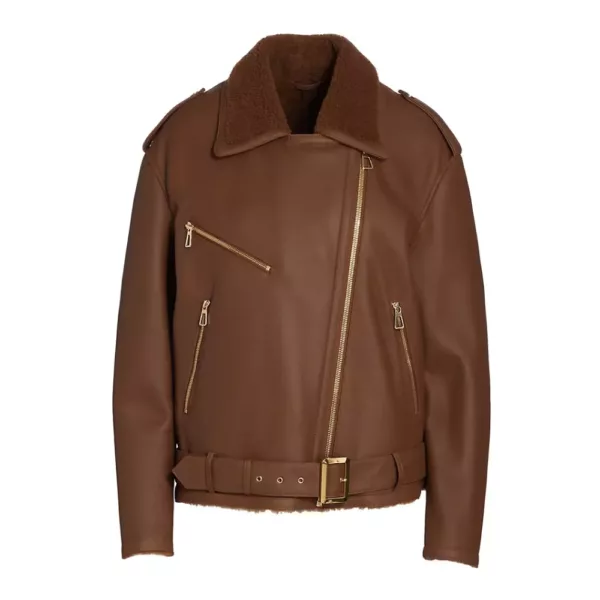 Lima Brown Leather Shearling Moto Jacket | Free Shipping