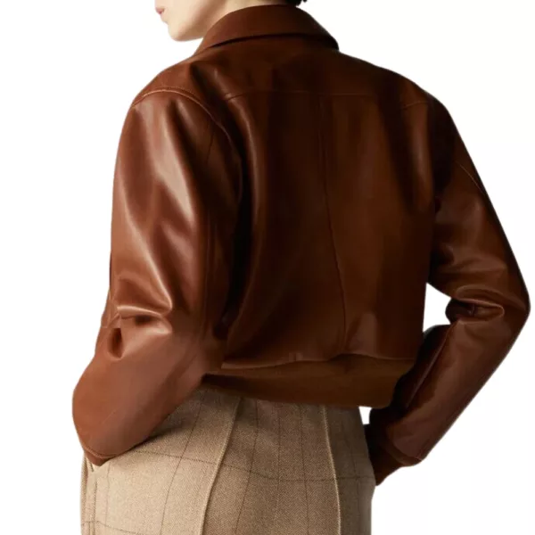 Womens Cropped Brown Leather Bomber Jacket | Bomber Jacket