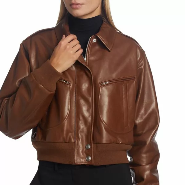 Womens Cropped Brown Leather Bomber Jacket | Bomber Jacket