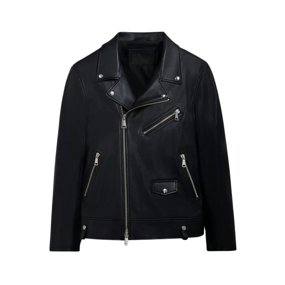 Charles Black Leather Biker Jacket With Snap Belt Loops