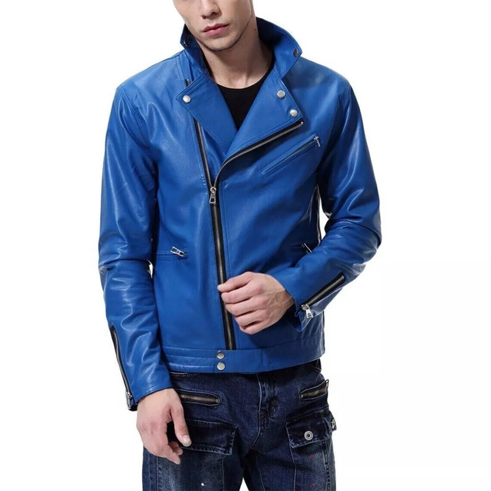 Blue Leather Biker Jacket for Men - Bold & Stylish