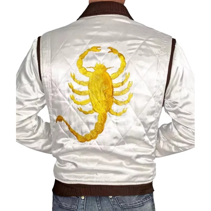 Mens White Satin Quilted Ryan Gosling Drive Jacket - USA Leather Jackets
