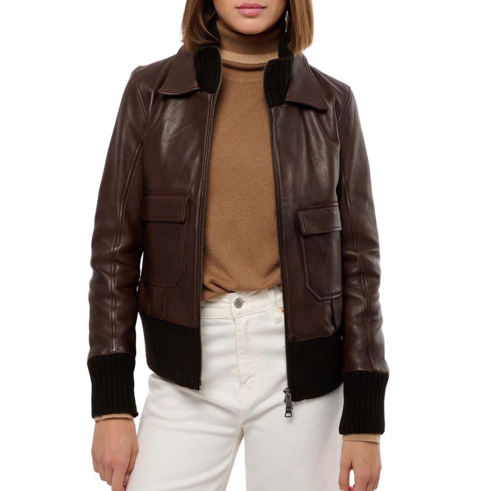 Womens Real Aviator Brown Leather Bomber Jacket - USA Leather Jackets